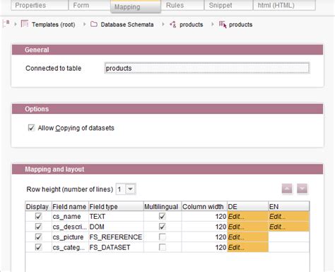 FirstSpirit Online Documentation Table Templates Mapping Tab