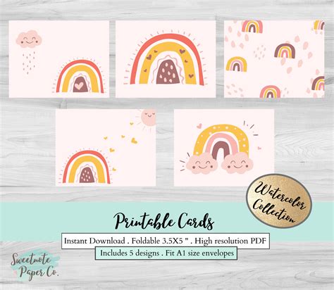 Printable Cute Rainbow Blank Cards Cards Set Instant Downloadpink