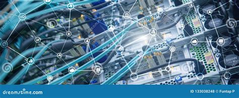 Telecommunication Concept With Abstract Network Structure And Server Room Background Stock
