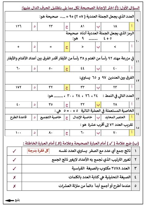 اختبار نهائي رياضيات ثالث ابتدائي الفصل الأول 1445 بداية