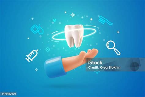 치아 보호 벡터 그림입니다 흰 치아 임플란트 3d 만화를 들고 치과 의사 치아 치과 배너 템플릿입니다 구강 광고 디자인 요소 템플릿 3차원 형태에 대한 스톡 벡터 아트 및