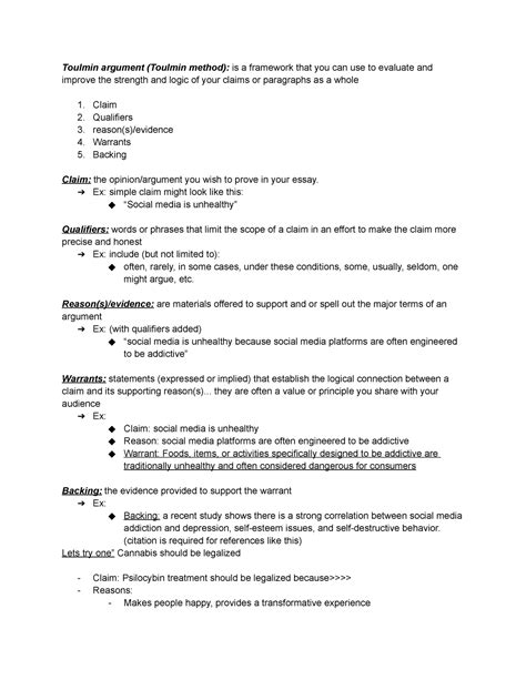 Eng 101 Toulmin Method Toulmin Argument Toulmin Method Is A