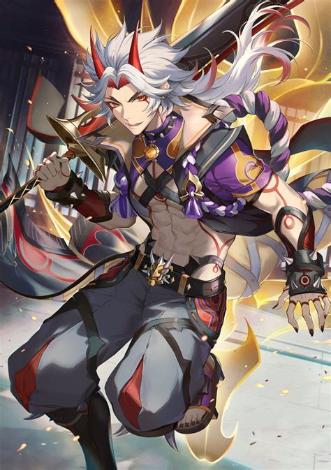 Safebooru 1boy Abs Arataki Itto Darkavey Demon Horns Fangs Genshin