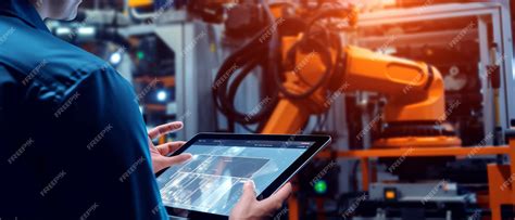 Premium Photo Engineer Hand Using Tablet With Machine Real Time Monitoring System