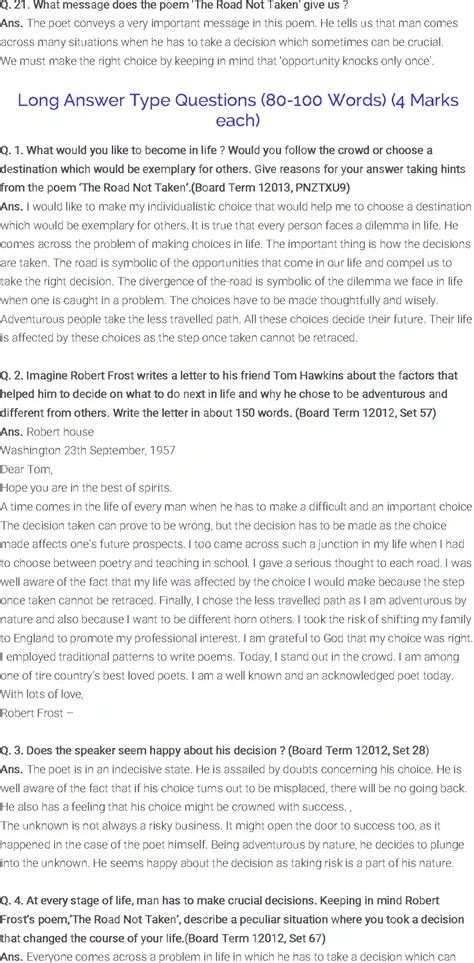 Class 9 English Literature Reader Chapter 2 The Road Not Taken Solution