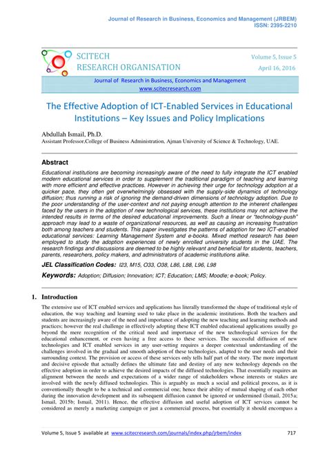 Pdf The Effective Adoption Of Ict Enabled Services In Educational Institutions Key Issues
