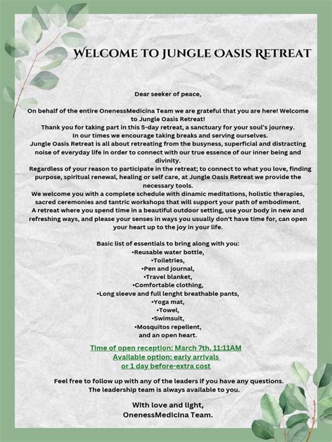 Welcoming Letter Jungle Oasis Retreat Pdf