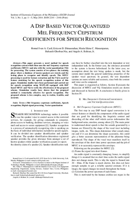 Pdf A Dsp Based Vector Quantized Mel Frequency Cepstrum Coefficients For Speech Recognition