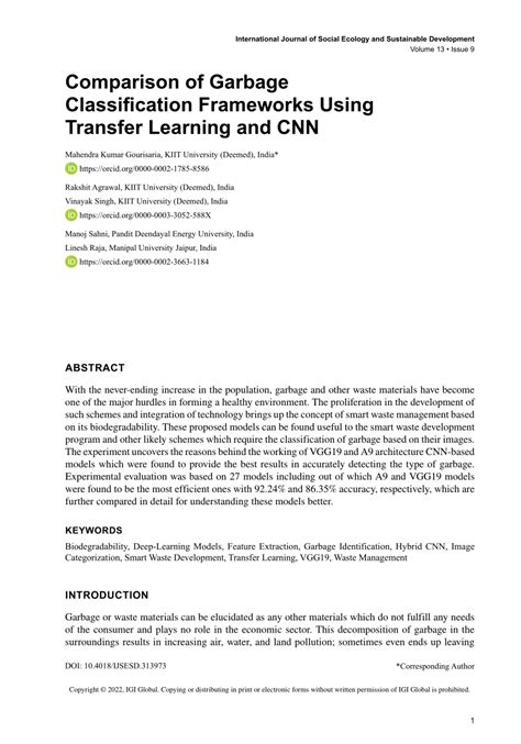 Pdf Comparison Of Garbage Classification Frameworks Using Transfer