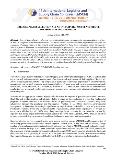Pdf Green Supplier Selection Via An Integrated Multi Attribute Decision Making Approach