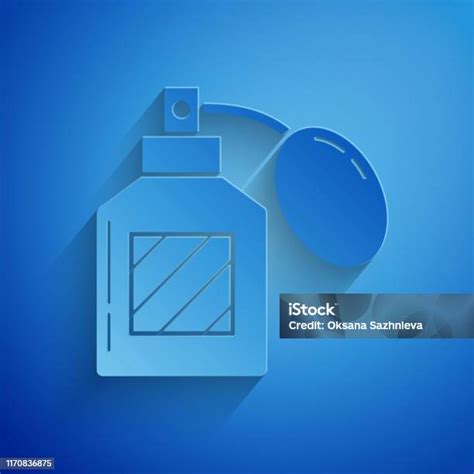 파란색 배경에 분리 된 종이 절단 애프터 면도 아이콘 쾰른 스프레이 아이콘 남성 향수 병입니다 종이 아트 스타일입니다 벡터 일러스트레이션 0명에 대한 스톡 벡터 아트 및