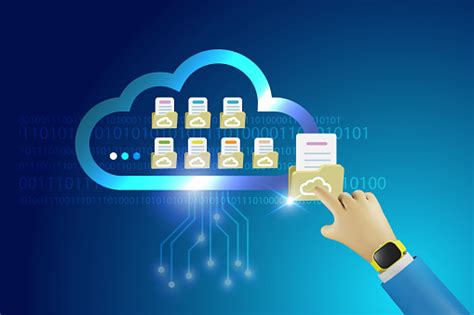 클라우드 컴퓨팅을 통해 전송된 디지털 폴더 및 파일 공유 작업을 하는 사업가 스마트 작업을 위한 모바일 및 태블릿 장치의 무선 기술 3차원 형태에 대한 스톡 벡터 아트 및