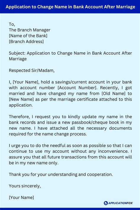 Samples Application For Name Change In Bank Account