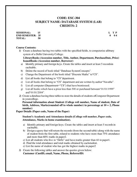 Dbms Lab Syllabus Sbsvsvsvsv Code Esc Subject Name Database
