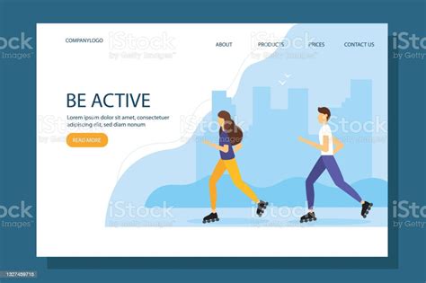 공원에서 롤러 스케이트에 남자와 여자 스케이트 활동적인 라이프 스타일 훈련 또는 마라톤을 위한 일러스트레이션 방문 페이지 템플릿입니다 건강한 생활방식에 대한 스톡 벡터 아트