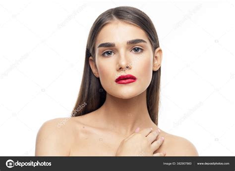 Portrait Young Beautiful Woman Red Lipstick Her Lips Beauty Fashion