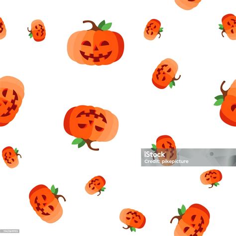 할로윈 호박 완벽 한 패턴 벡터입니다 사악한 오렌지 얼굴 귀여운 그래픽 텍스처입니다 섬유 배경 만화 화려한 배경 그림 10월에 대한 스톡 벡터 아트 및 기타 이미지 Istock