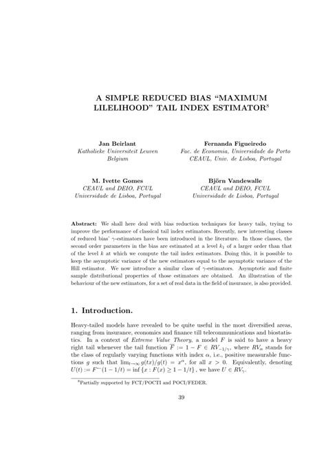 Pdf A Simple Reduced Bias “maximum Likelihood” Tail Index Estimator