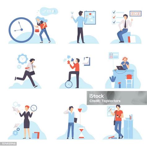 작업 시간 설정 조직 및 작업 시간의 제어 효율적인 시간 관리 비즈니스 개념 평면 벡터 일러스트를 계획하는 사업가 0명에 대한 스톡 벡터 아트 및 기타 이미지 Istock