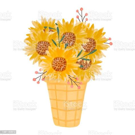 해바라기 꽃다발과 수채화 아이스크림 와플 콘 여름 차가운 달콤한 맛있는 손으로 그린 아이스크림 그림이 고립되어 있습니다 0명에 대한 스톡 벡터 아트 및 기타 이미지 Istock