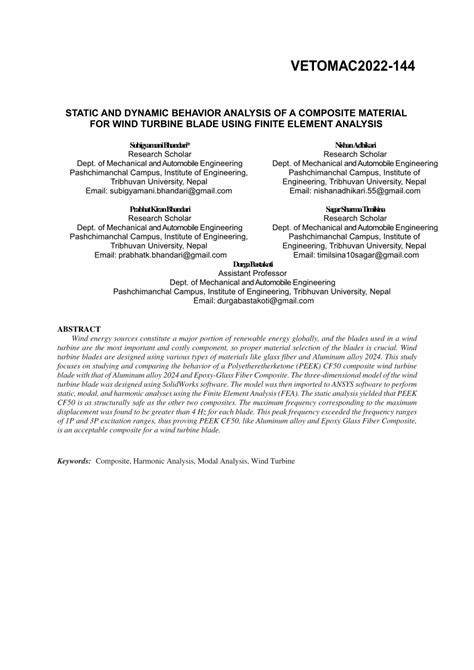 Pdf Static And Dynamic Behavior Analysis Of A Composite Material For Wind Turbine Blade Using