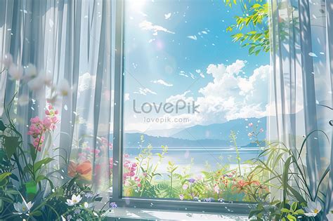 흰색 커튼과 꽃 일러스트 무료 다운로드 Lovepik