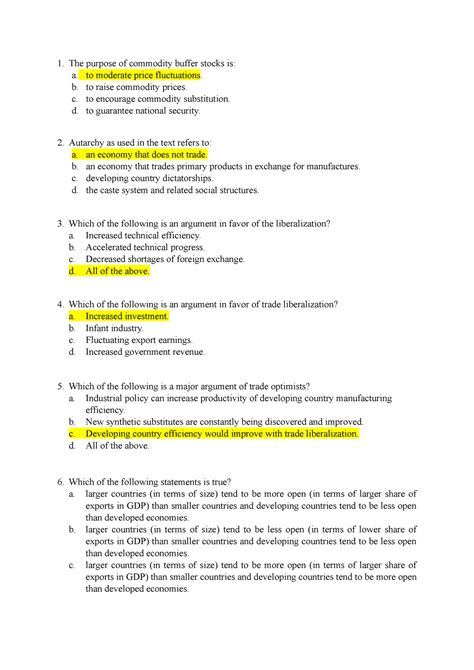 ECON TUT Tutorial Multi Choice Responses The Purpose Of Commodity Buffer Stocks Is A