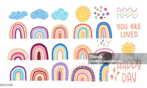 귀여운 화려한 무지개 세트 유치한 평면 벡터 삽화 컬렉션 일기 예보 기상학 비오는 구름과 별은 흰색 배경에 고립되어 있습니다 T 셔츠 프린트 디자인 요소 T 셔츠에 대한