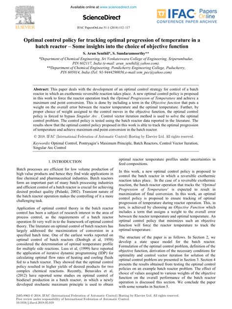 Pdf Optimal Control Policy For Tracking Optimal Progression Of Temperature In A Batch Reactor