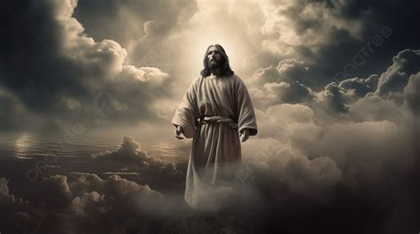 예수님은 구름 한가운데에 서 하나님 예수 그림 하느님 종교 배경 일러스트 및 사진 무료 다운로드 Pngtree