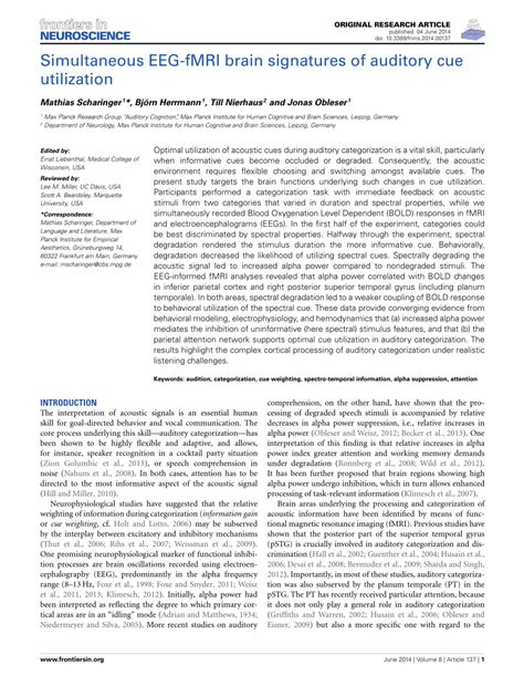 Pdf Simultaneous Eeg Fmri Brain Signatures Of Auditory Cue Utilization
