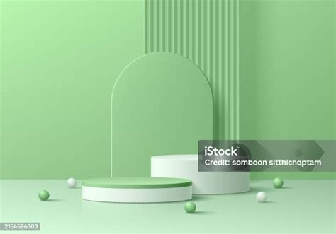 구체 공 아치 배경 벽 장면이 있는 사실적인 3d 녹색 원통형 연단 배경 최소한의 모형 또는 추상적인 제품 전시 프레젠테이션 무대 쇼케이스 플랫폼 벡터 기하학적 디자인 0