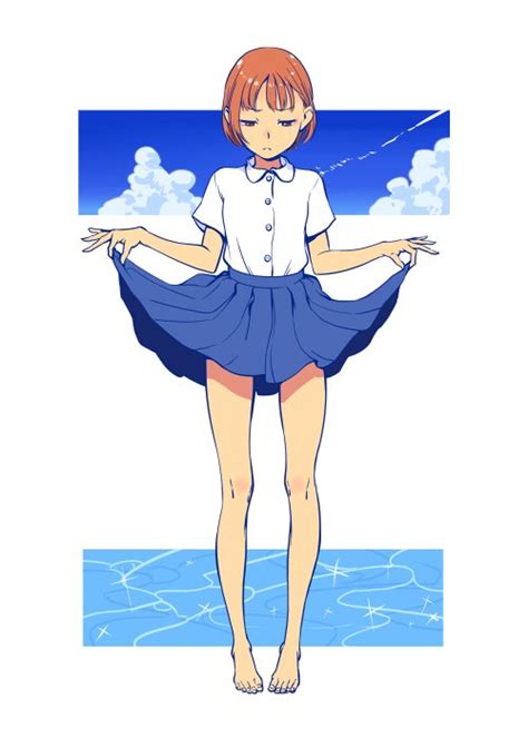 Safebooru 1girl Barefoot Blue Skirt Buttons Closed Mouth Clothes Lift