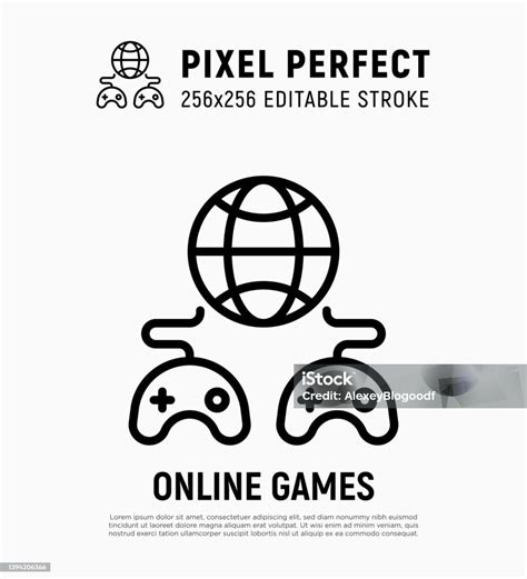 Online Games Thin Line Icon Two Gamepads Are Connected With Globe Pixel Perfect Editable Stroke