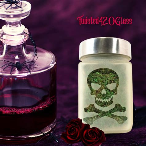 Skull Stash Jar Handcrafted Jolly Roger Etched Glass Jar