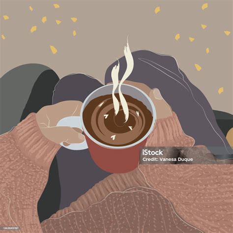 스웨터를 입은 여성은 안락의자에 앉아 커피 한 잔을 손에 들고 앉아 있다 머그잔을 들고 가을과 겨울 그림 안감 이면 예술 플랫 스타일 테라코타와 부드러운 핑크 톤은 추상적인