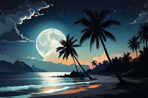 Silhueta de cocos à noite lua e nuvens sobre o mar imagem Premium
