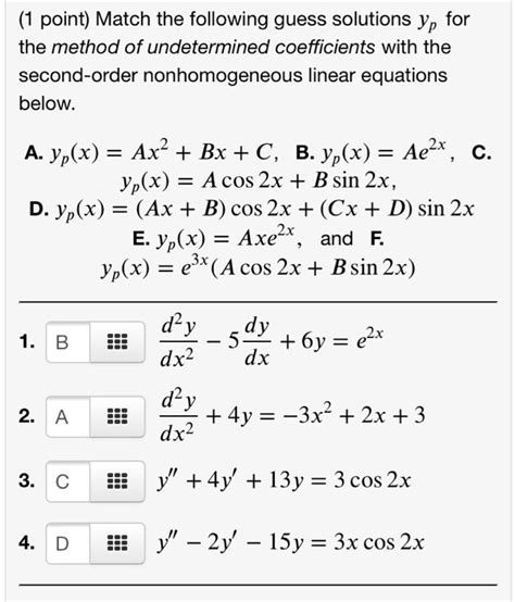 Point Match The Following Guess Solutions Yp For The Method Of Undetermined Coefficients With