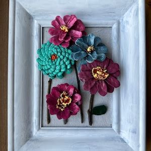 Framed Chic Pink Purple And Gray Blue Pinecone Flowers On Linen Etsy