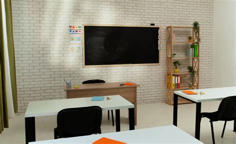Empty Modern Elementary School Classroom With Desks Chairs And Chalkboard At Daylight