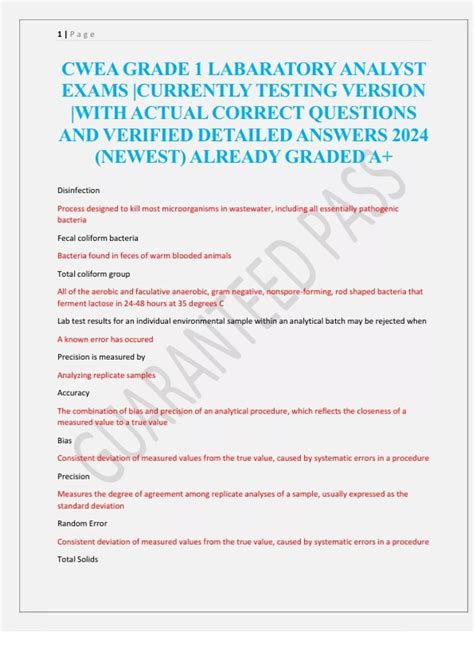 CWEA GRADE LABARATORY ANALYST EXAMS CURRENTLY TESTING VERSION WITH ACTUAL CORRECT QUESTIONS