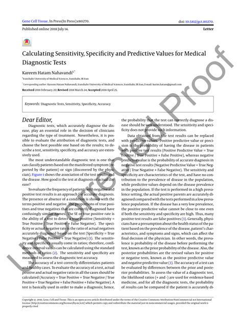 Pdf Calculating Sensitivity Specificity And Predictive Values For Medical Diagnostic Tests