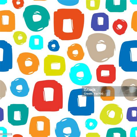 흰색 배경에 고립 된 밝은 다채로운 다채로운 잉크 사각형과 원 유치 한 귀여운 기하학적 원활한 패턴 벡터 간단한 평면 그래픽