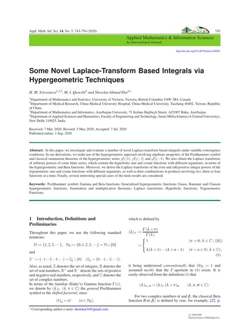 Pdf Laplace Transforms Based Some Novel Integrals Via Hypergeometric Technique
