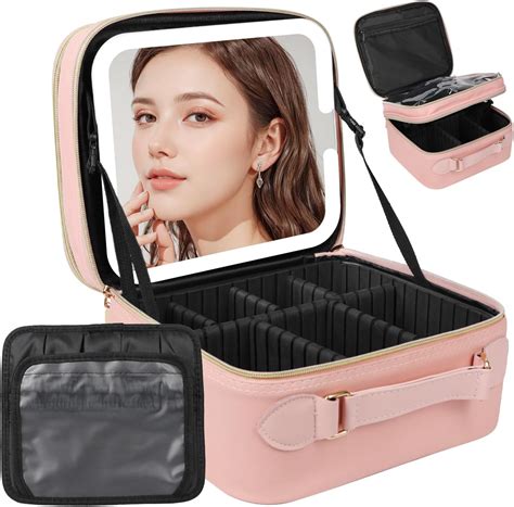 Behaesty Travel Makeup Bag With Led Mirror Double Layer