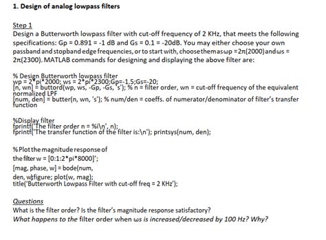 1 Design Of Analog Lowpass Filters Step 1 Design A