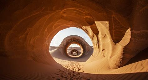 Desert Cave With Nested Circular Openings And Distant Landscape Stock Illustration