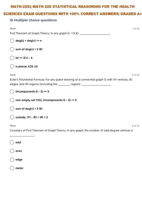 MATH 225 MATH 225 STATISTICAL REASONING FOR THE HEALTH SCIENCES EXAM