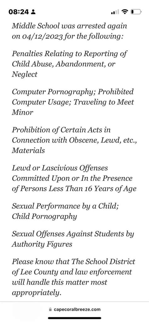 Middle School Teacher Arrested For Lewd And Lascivious Behavior After