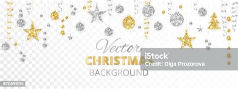 스파클링 크리스마스 반짝이 장식품 금색과 은색 축제 테두리입니다 볼과 리본 투명 한 배경에 고립에 매달려 함께 화 환 겨울에 대한 스톡 벡터 아트 및 기타 이미지 Istock